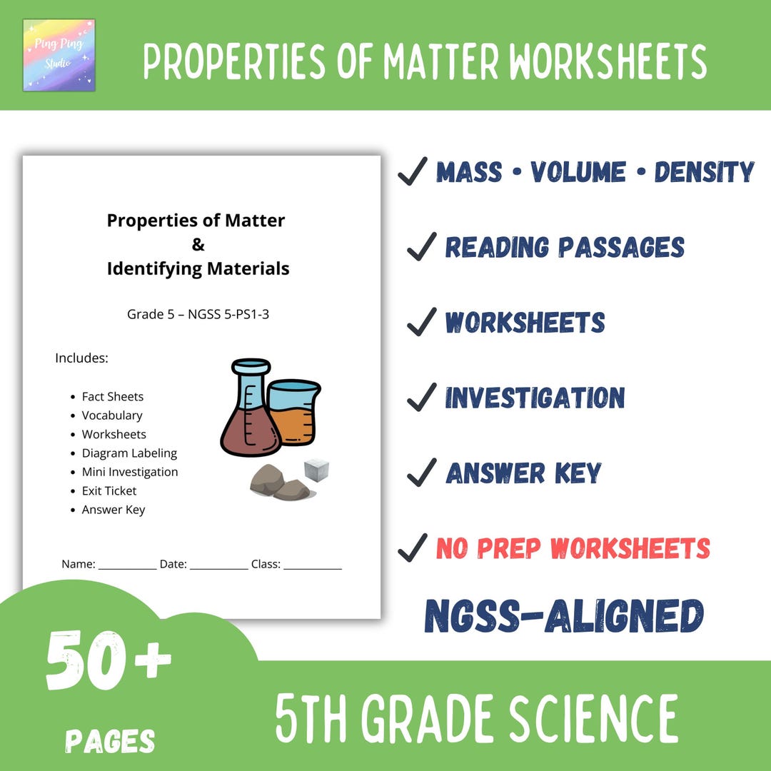 Properties of Matter Worksheets 5th Grade NGSS Science Unit | Mass ...