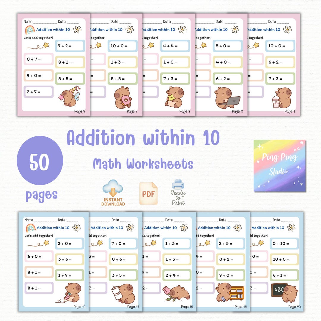 Addition Within 10 Worksheets: 50 Printable Math Activity Pages (PDF ...