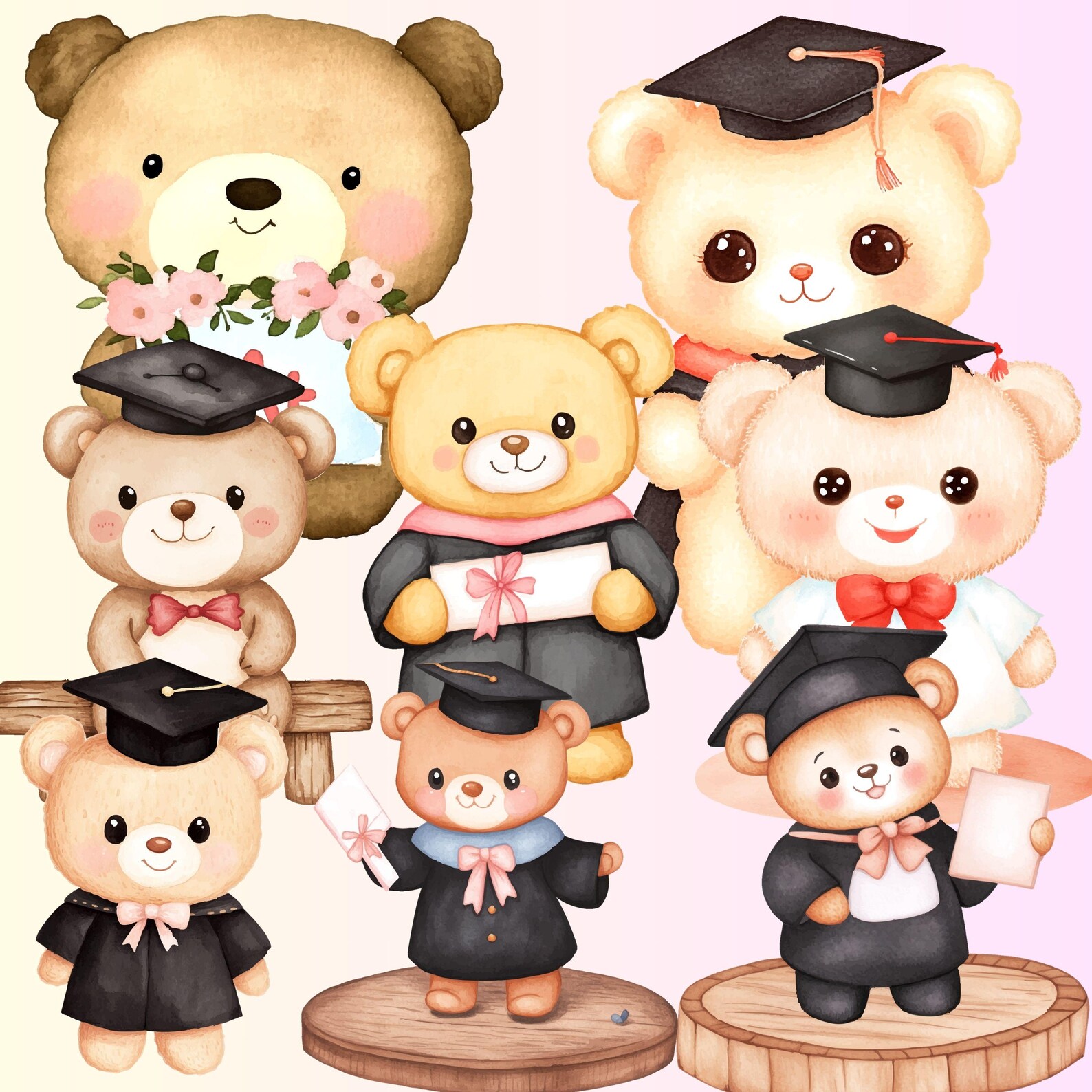 Watercolor Graduation Bears Clip Art: Diploma PNG Stickers (digital ...