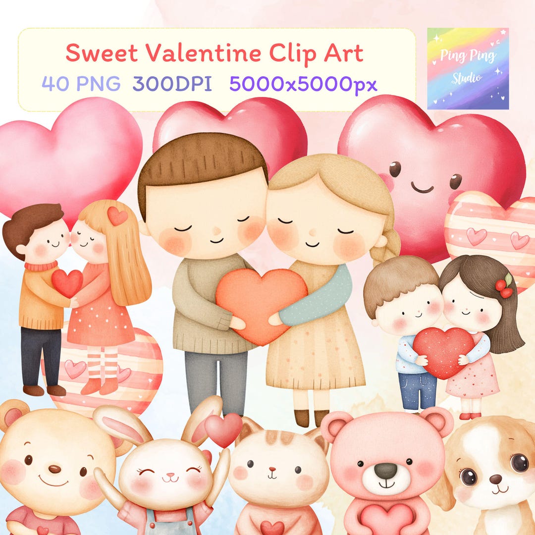 Sweet Valentine Clip Art: Watercolor Hearts & Characters (PNG Files) - Etsy