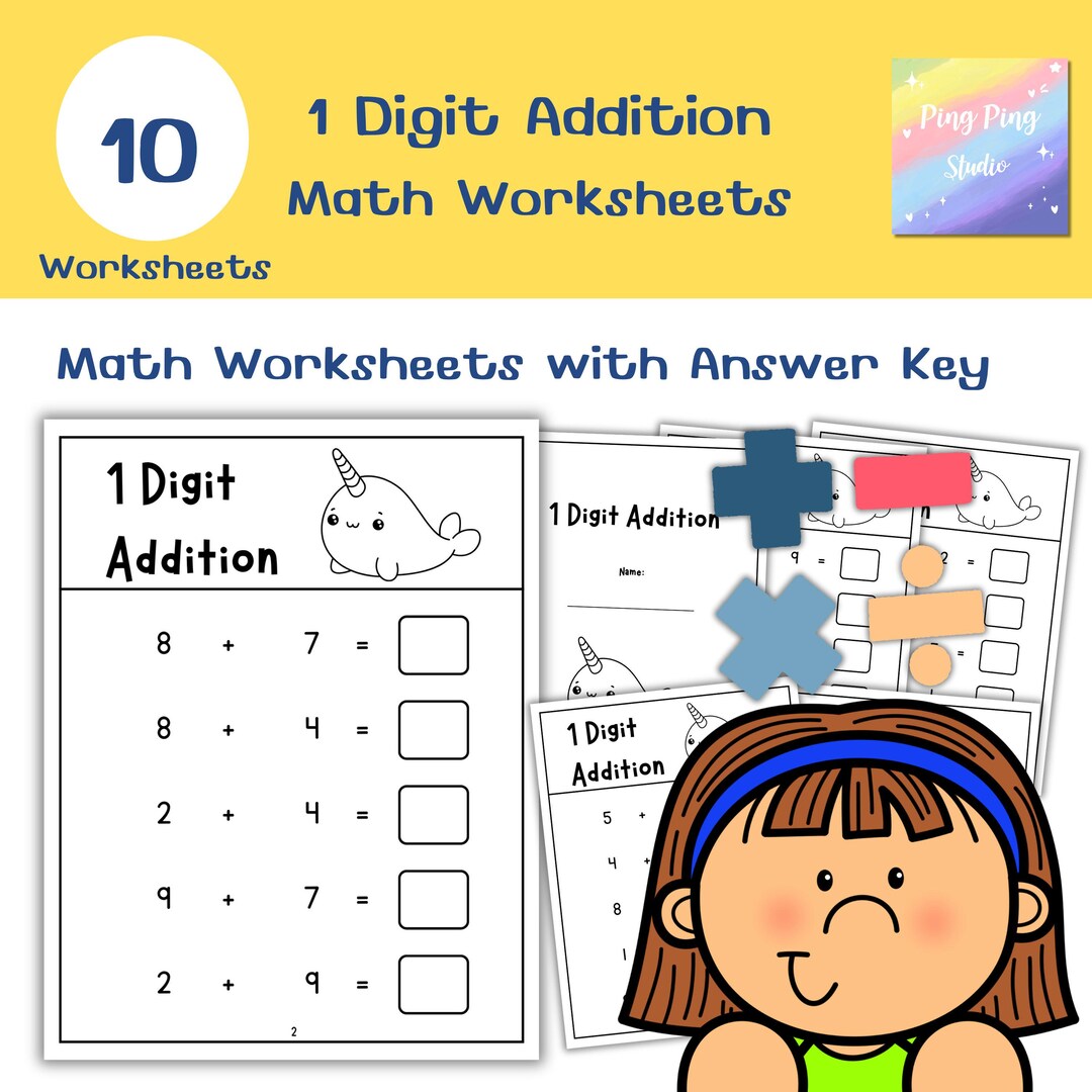 Narwhal 1 Digit Addition Worksheets | Math Practice (PDF) - Etsy