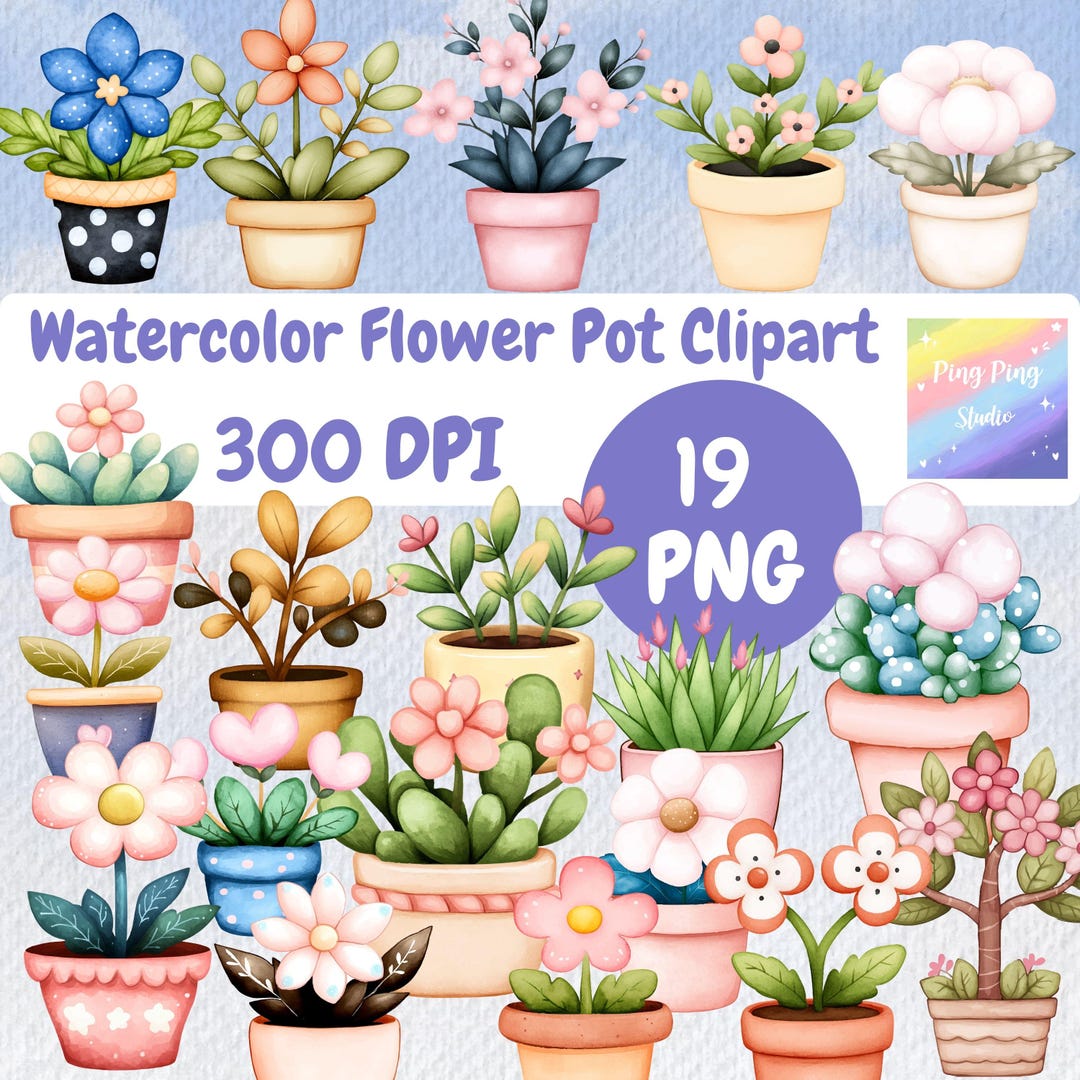 Watercolor Flower Pots Clipart, Gorgeous Watercolor Flower Pot Clipart ...