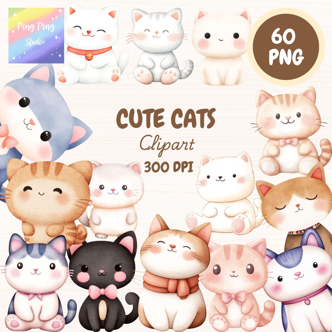 CUTE CATS Clipart, Cute Watercolor Cat Clipart, Charming Watercolor ...