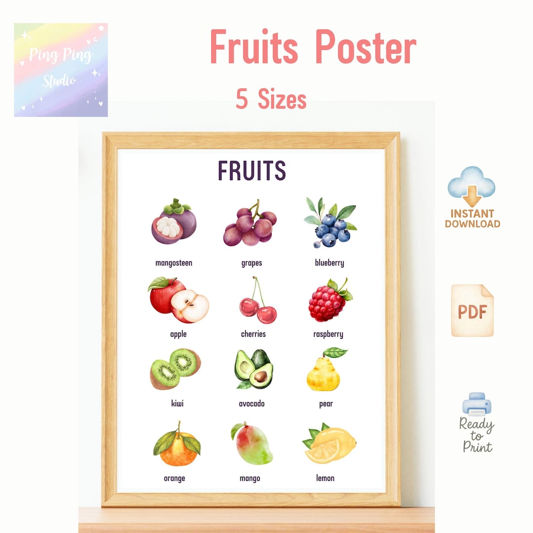 Watercolor Fruits Poster for Kids – Printable Fruit Chart PDF ...