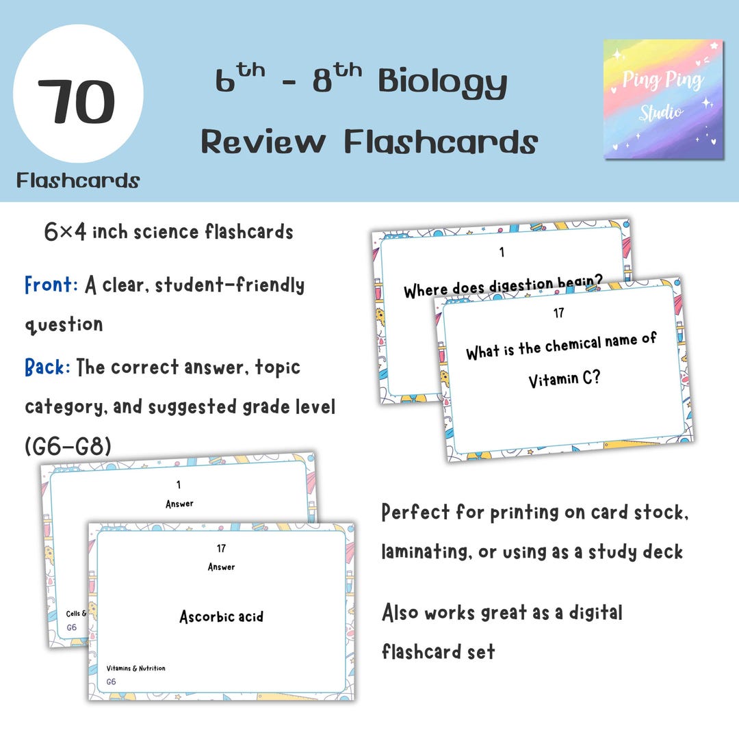 6th–8th Grade Biology Review Flashcards | 70 Printable & Digital ...
