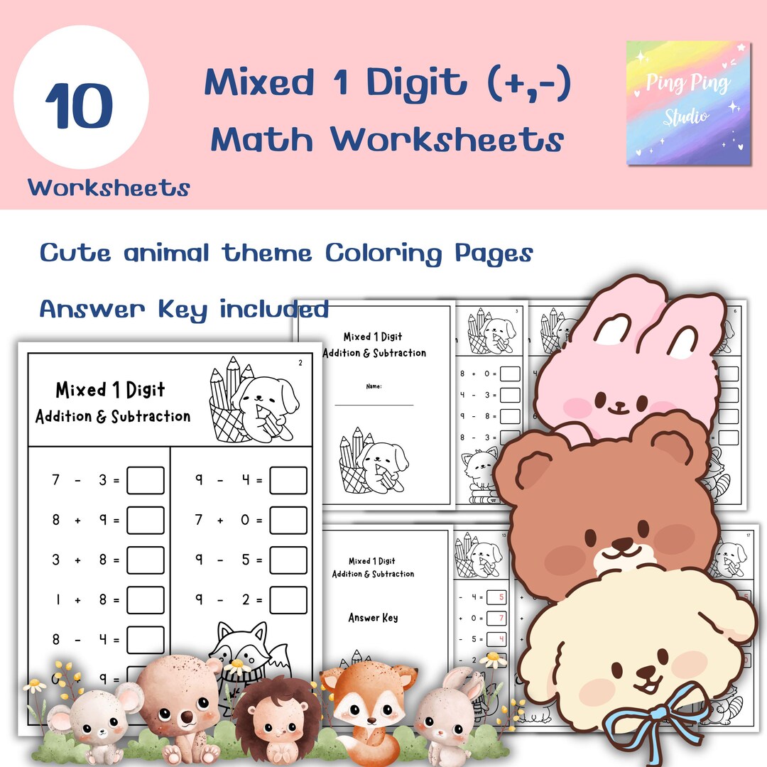 Animal Coloring Math Worksheets | Addition & Subtraction (PDF Pattern ...