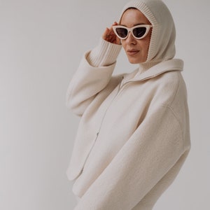 Merino Wool Helmet-style Knit Balaclava, White Women Hood Hat, Fine ...