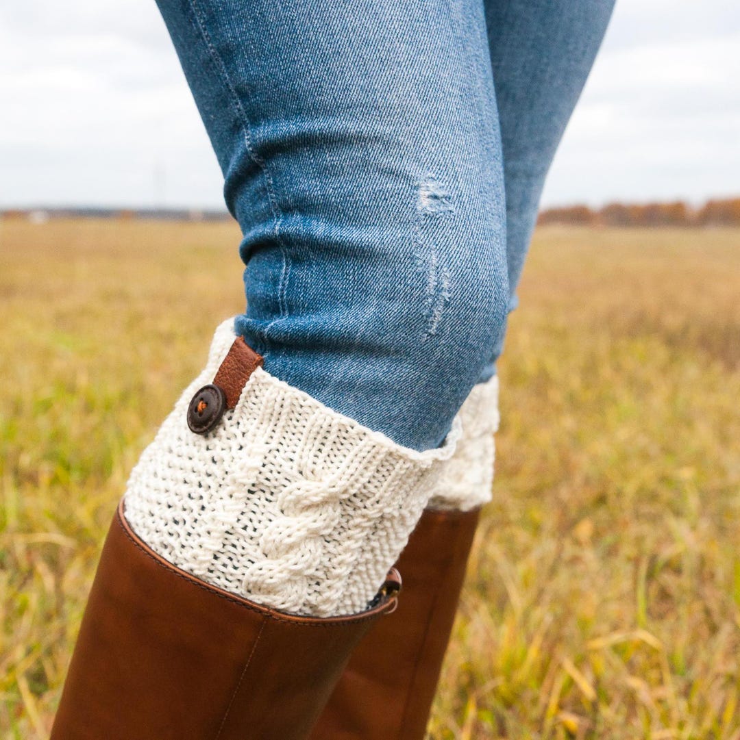 White Knit Boot Toppers, Hand Knitted Legwarmers, Cable Knit Boot Cuff ...