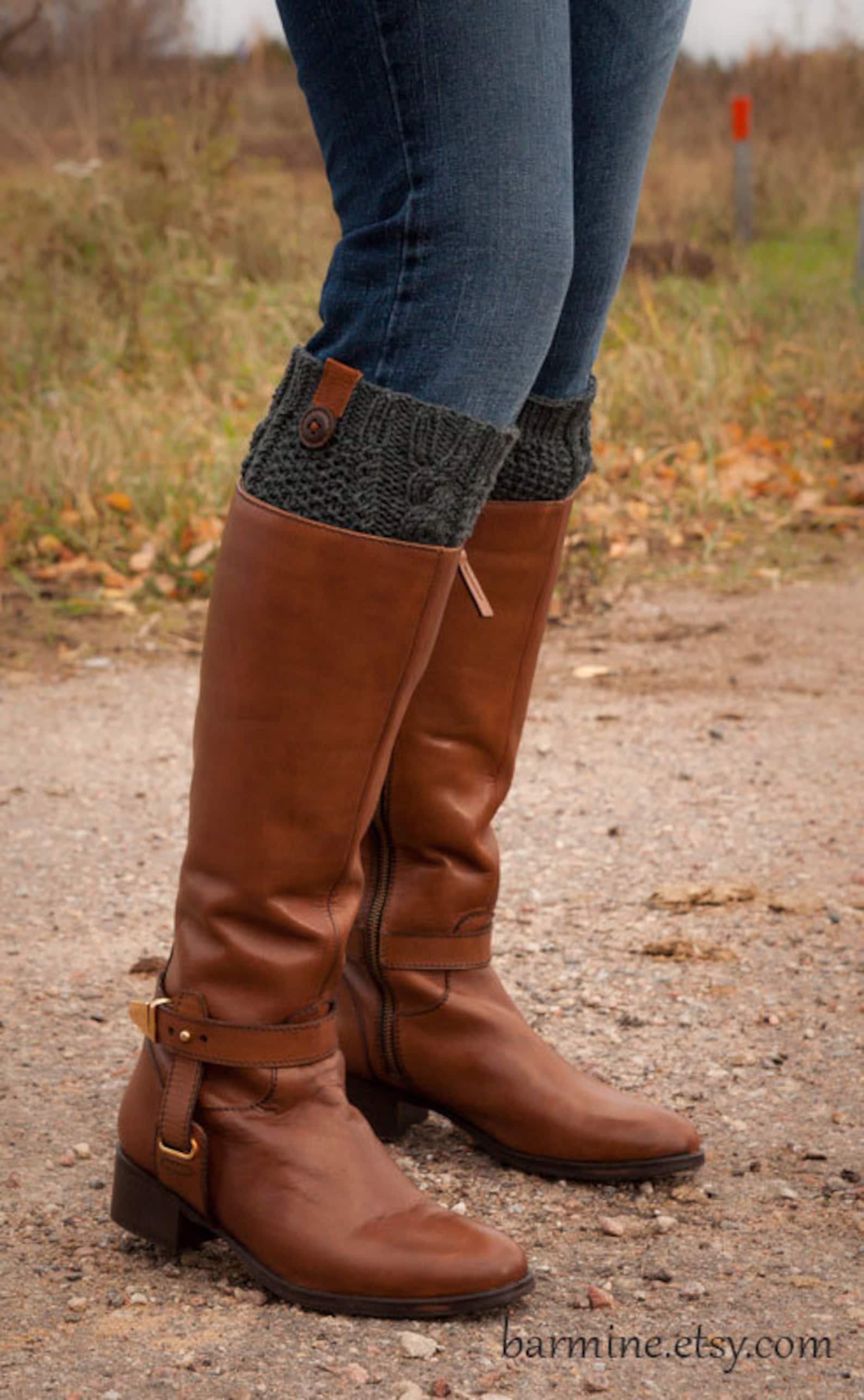 Black Boot Cuff with leather and wooden button accent Cable | Etsy
