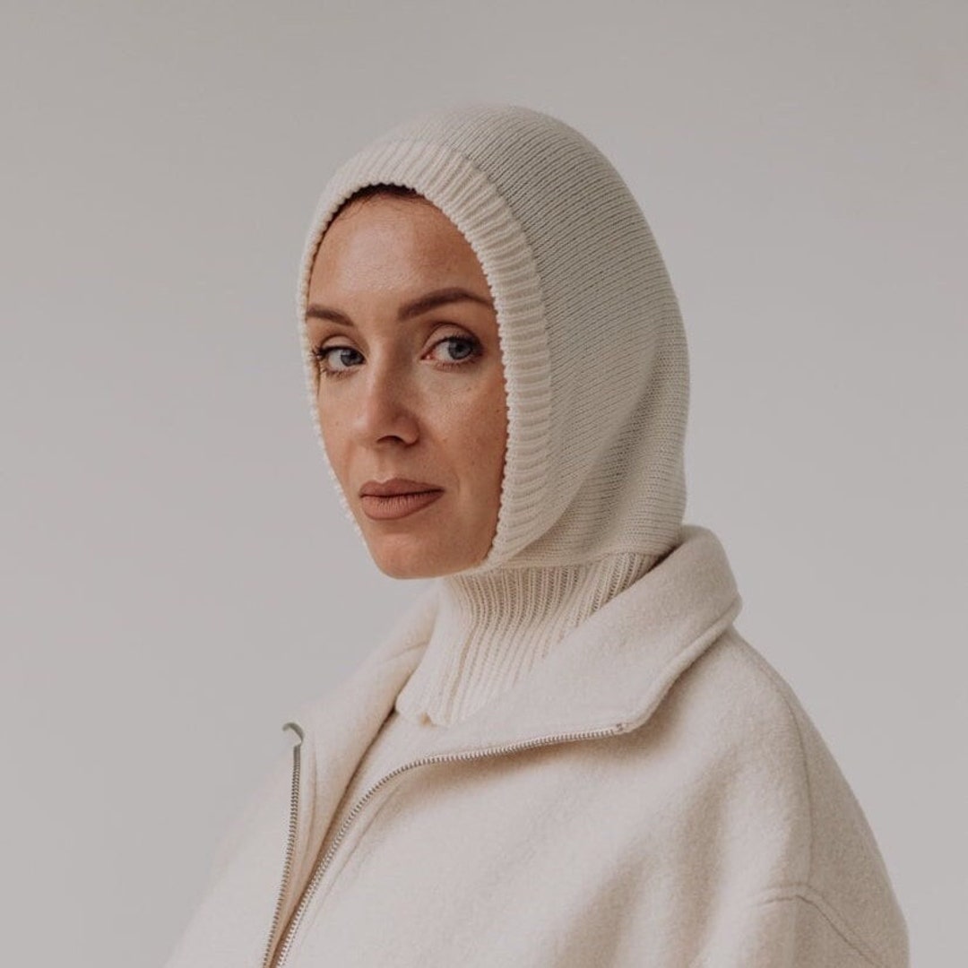 Merino Wool Helmet-style Knit Balaclava, White Women Hood Hat, Fine ...