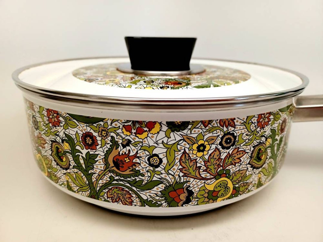 Vintage MCM Enamelware Floral Sauce Pan or Deep Skillet With Lid - Etsy