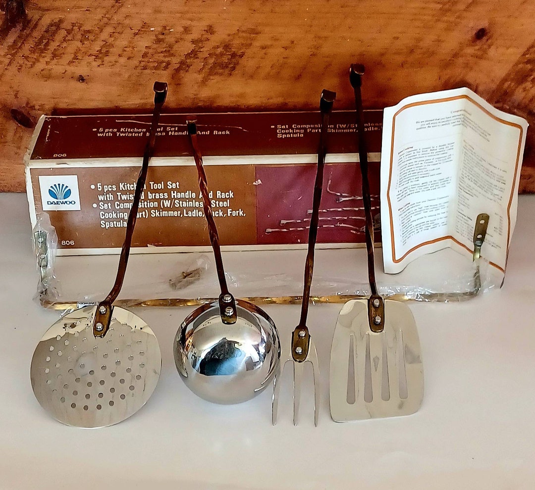 Vintage DAEWOO Copper Brass Cooking Utensil Set New Old Stock Twisted ...