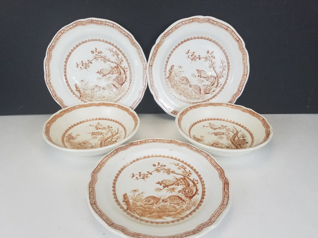 Vintage Furnivals Quail Brown Dessert Bread Plates and Dessert Bowls 5 ...