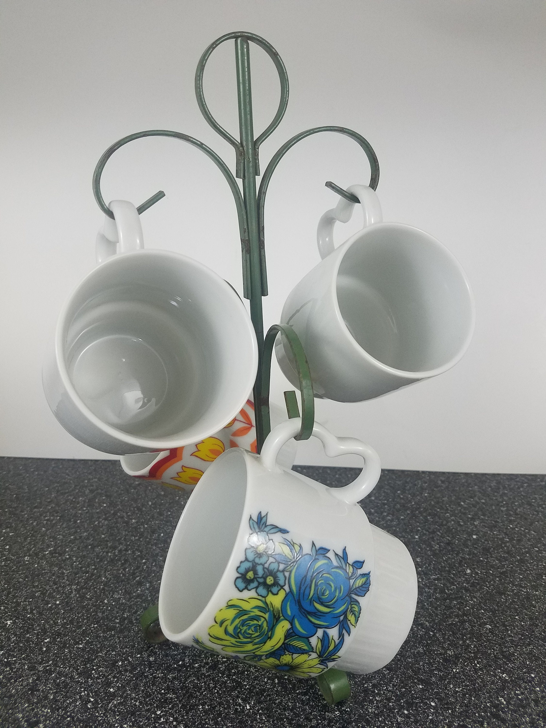 Vintage mugs with metal cup holder set of 4 | Etsy