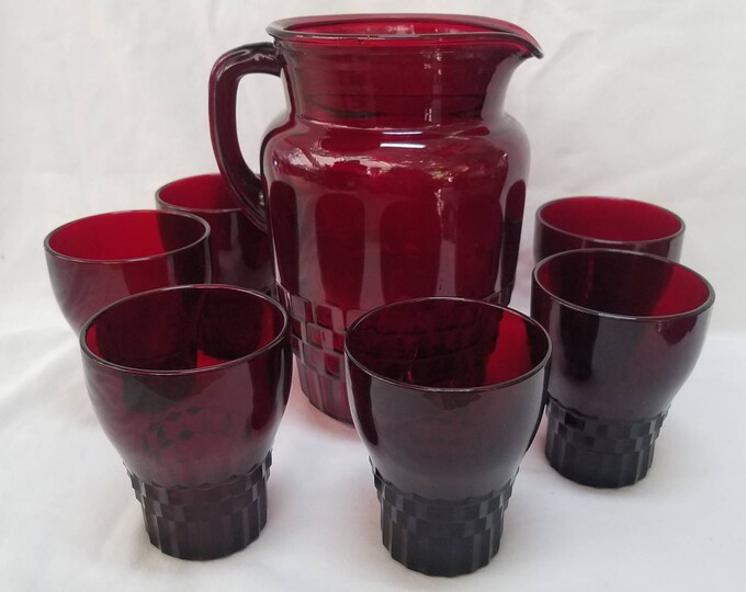 Anchor Hocking Royal Ruby Windsor Pitcher Set Ruby Pitcher With 10 Oz ...