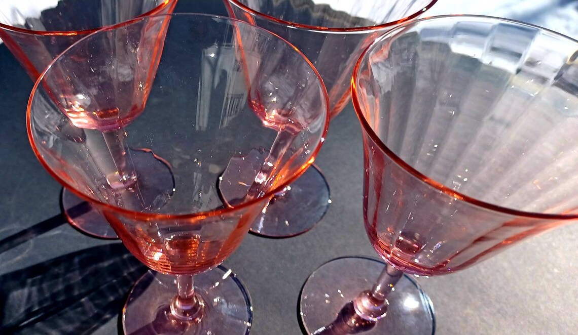 Pink Depression Wine Glasses Ribbed Sides Set of 4 Beautiful - Etsy