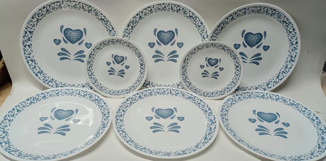 Vintage Corelle Blue Hearts Dinner Plates Set of 6 Dinner and 2 Bread ...