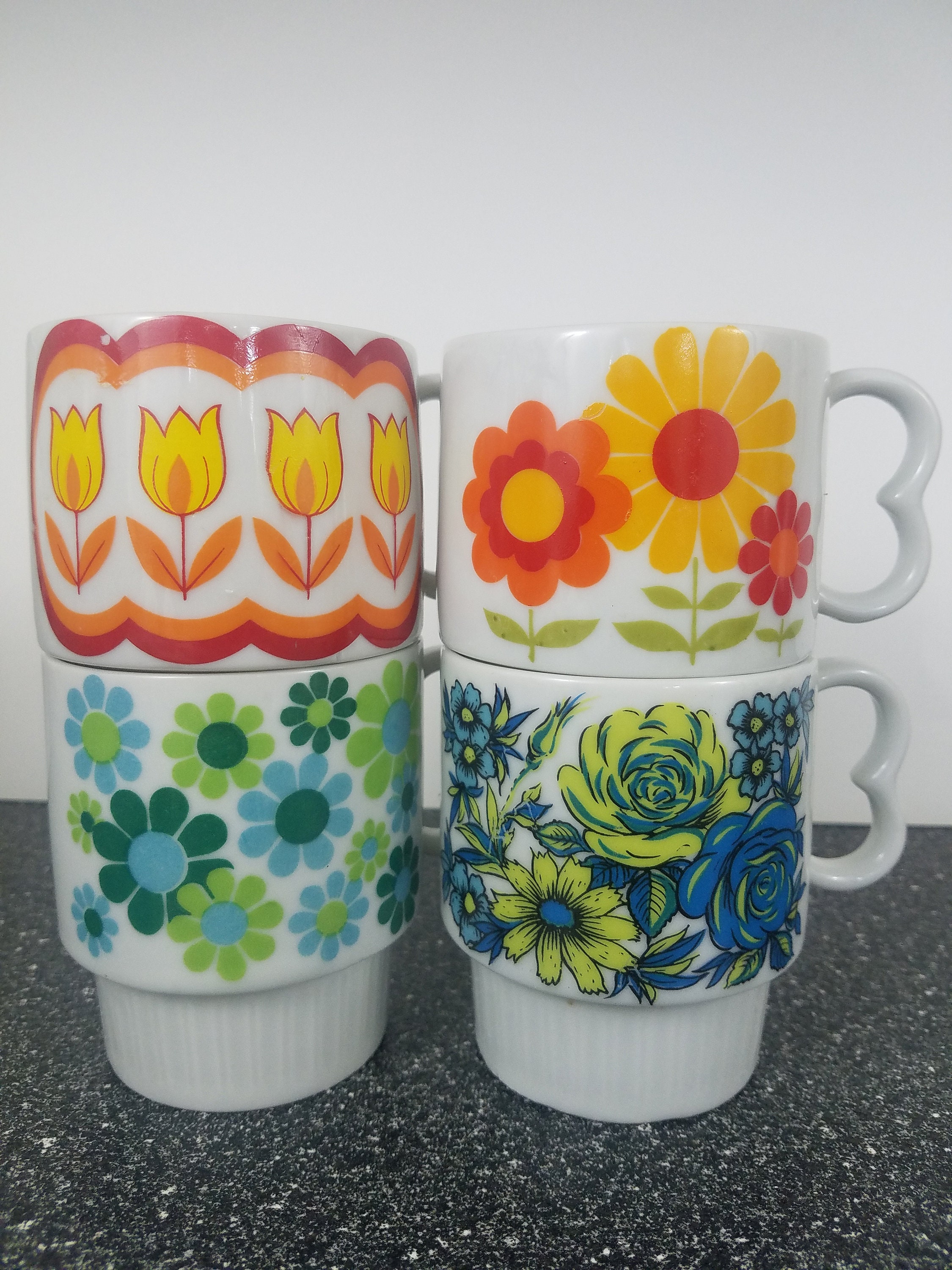 Vintage mugs with metal cup holder set of 4 | Etsy