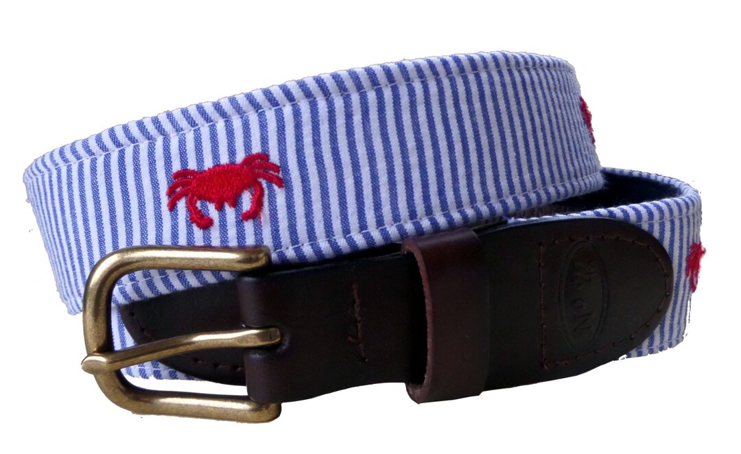 Red Crab Leather Belt / Leather Belt / Seersucker Belt / Preppy Webbing ...