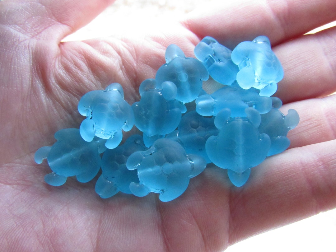 Cultured Sea Glass TURTLE BEADS 20x15mm BLUE Large Hole Frosted Turtles ...