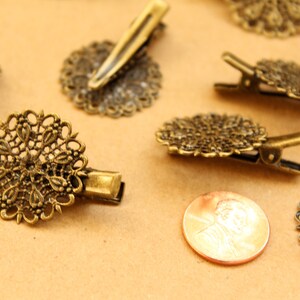 10 Pc. Antique Bronze Mini Alligator Pins With Filigree Pad, 32mm Long ...