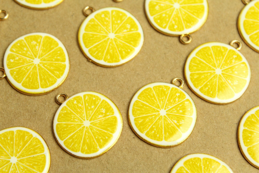 5 Pc. Lemon Enameled Charms, 25mm X 20mm, Fruit Pendant, Gold Fruity ...