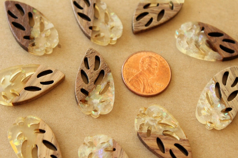 3 Pc. Resin and Wood Fenestrated Leaf Pendants, 15mm by 28mm, Multiple ...