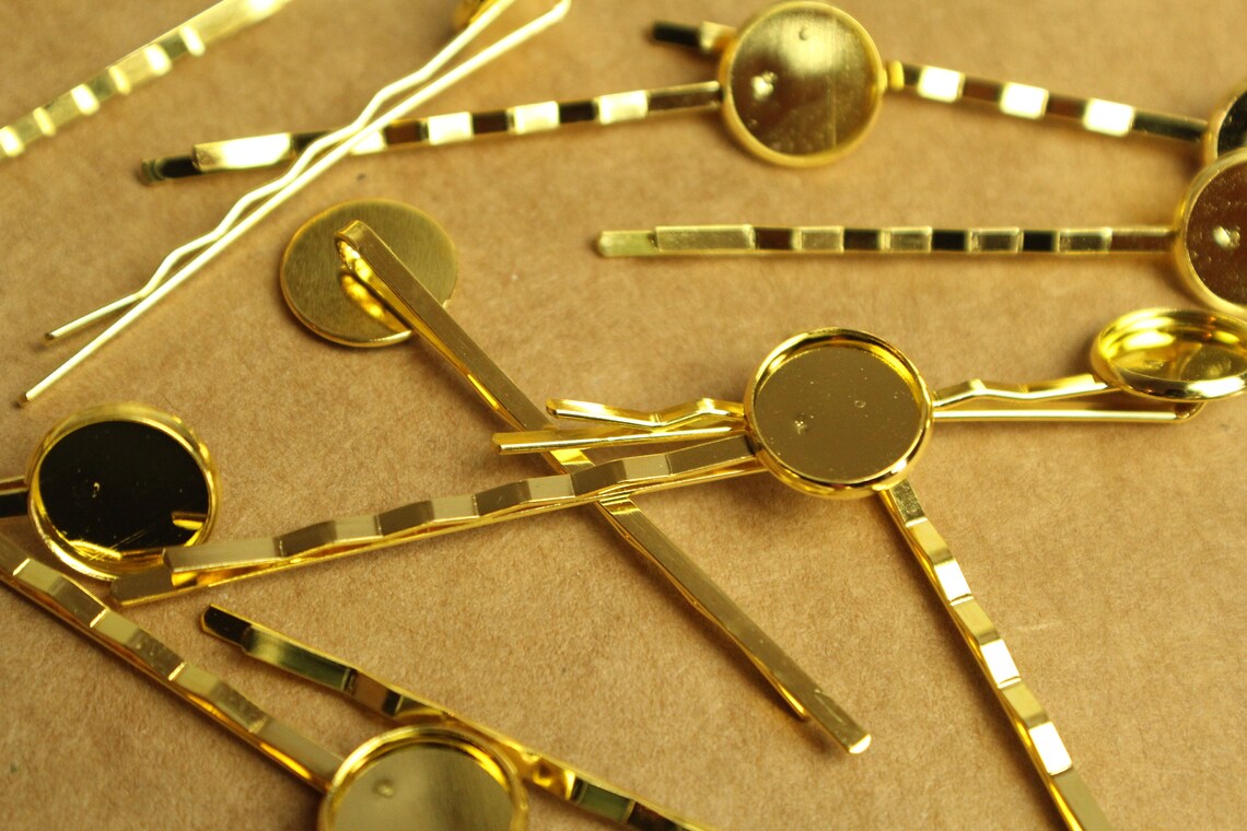 12 pc. Gold Plated Bobby Pins with 12mm Bezel Setting FI-595 | Etsy