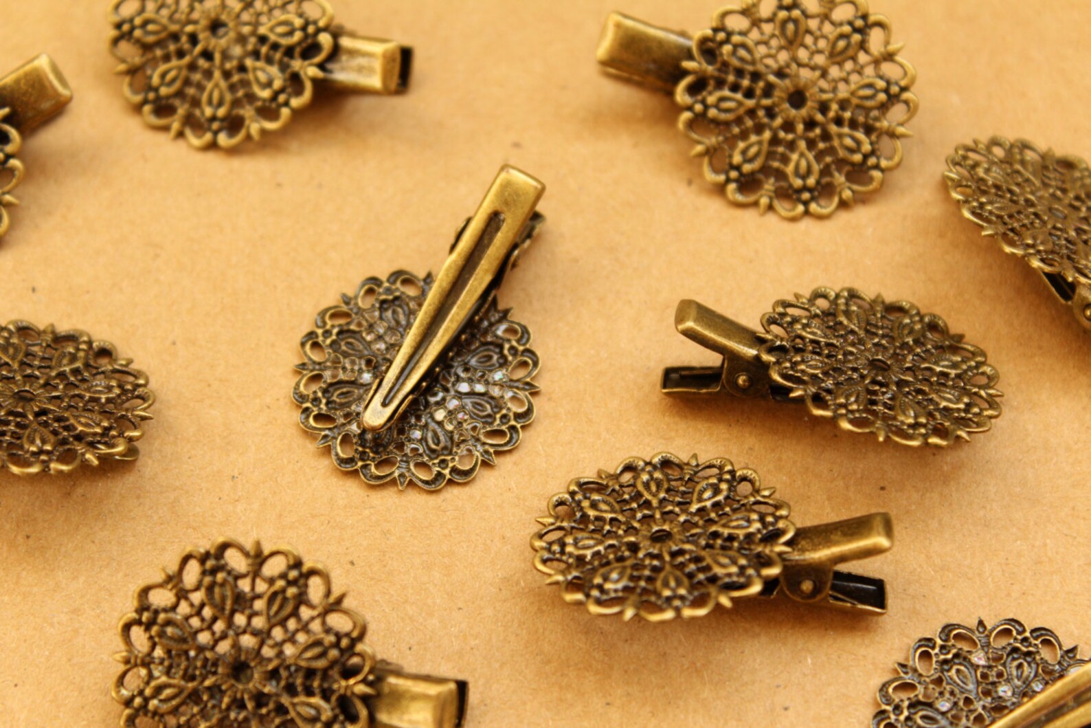 10 Pc. Antique Bronze Mini Alligator Pins With Filigree Pad, 32mm Long ...
