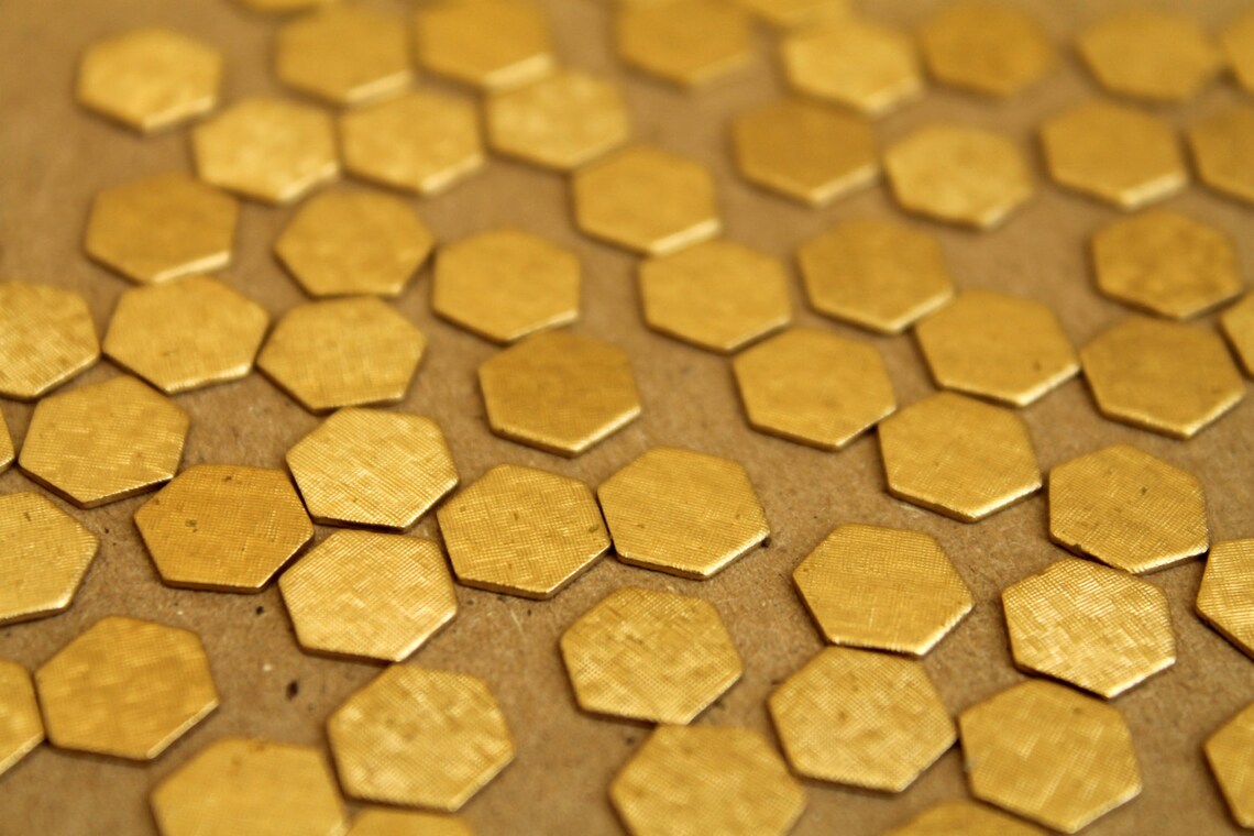 18 Pc. Small Raw Brass Crosshatched Hexagons: 9mm by 8mm - Made in USA ...
