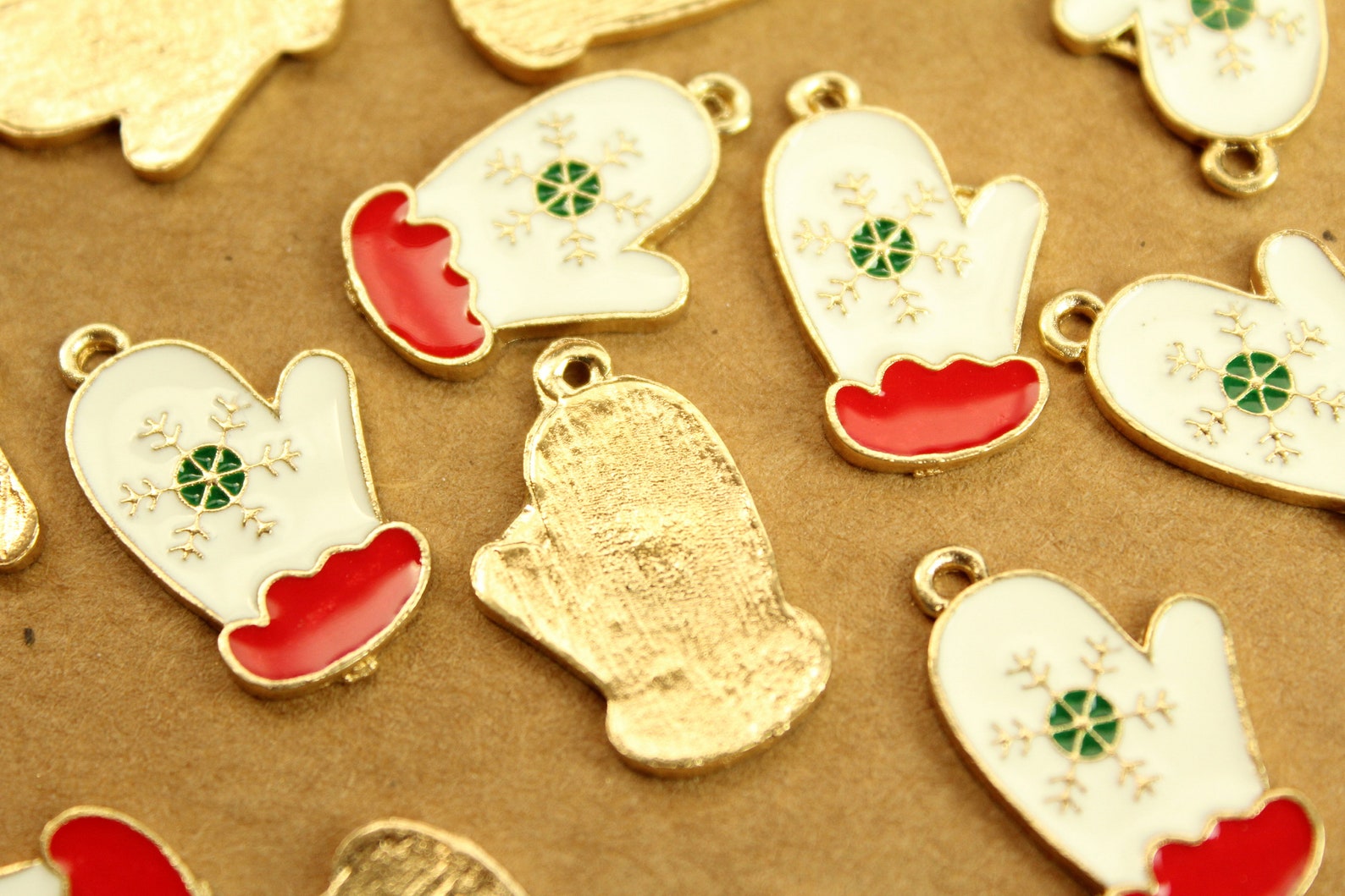 8 Pc. Enameled White Red Green and Gold Mitten Charms With - Etsy