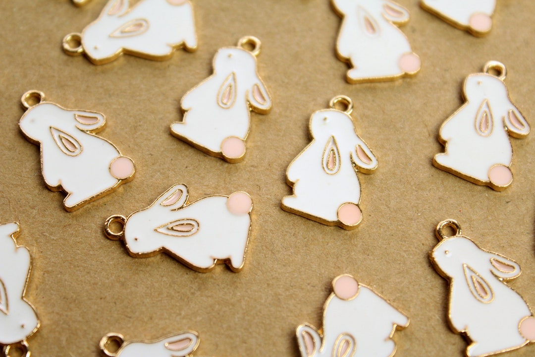6 Pc. Bunny Rabbit Charms, White, Pink, and Gold Enameled Charms, 22mm ...