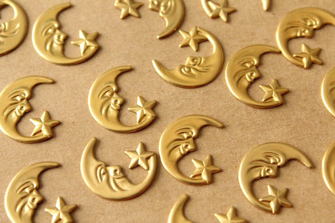 12 Pc. Raw Brass Moon and Star Stampings: 18.5mm by 16mm - Made in USA ...