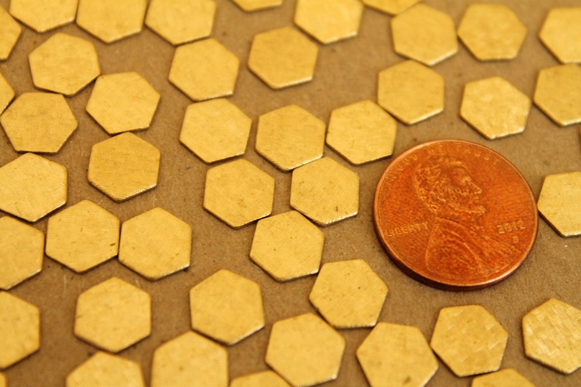 18 Pc. Small Raw Brass Crosshatched Hexagons: 9mm by 8mm - Made in USA ...