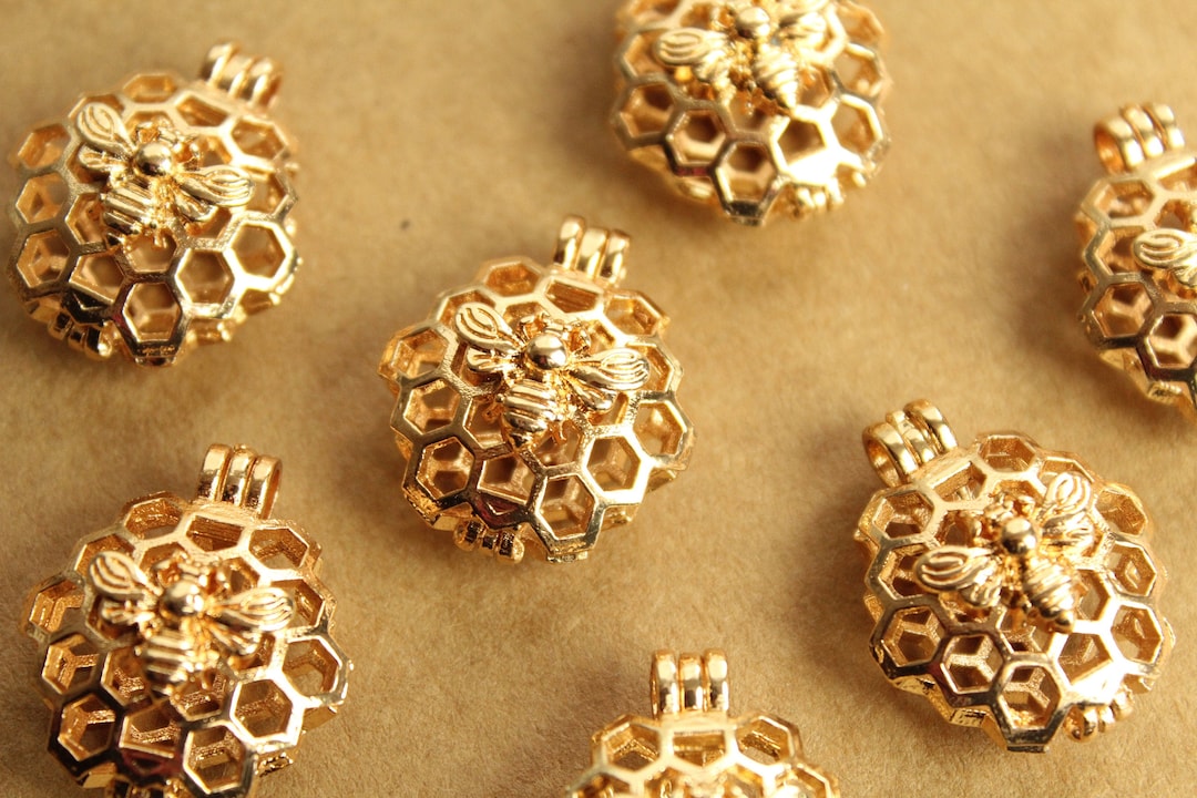 3 Pc. Gold Plated Beehive Diffuser Locket 26mm X 22mm Queen Bee Hive ...