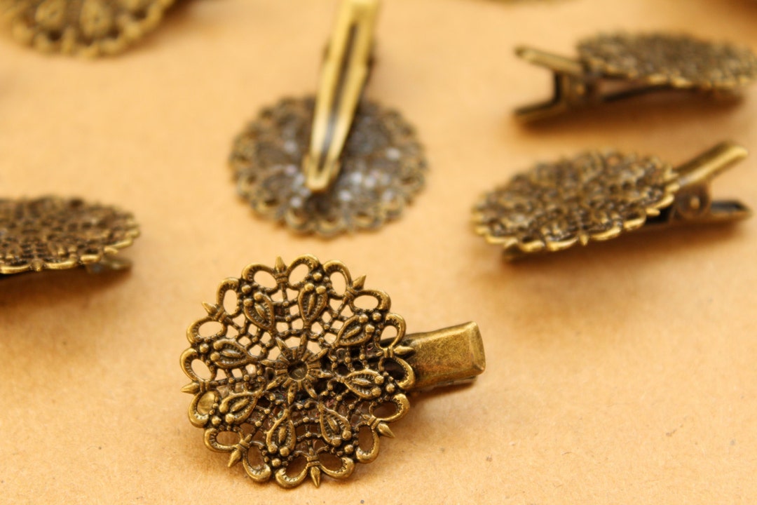 10 Pc. Antique Bronze Mini Alligator Pins With Filigree Pad, 32mm Long ...