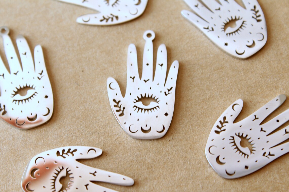 3 Pc. Stainless Steel Palm With Eye Charms: 30mm by 18mm | MIS-512 Boho ...