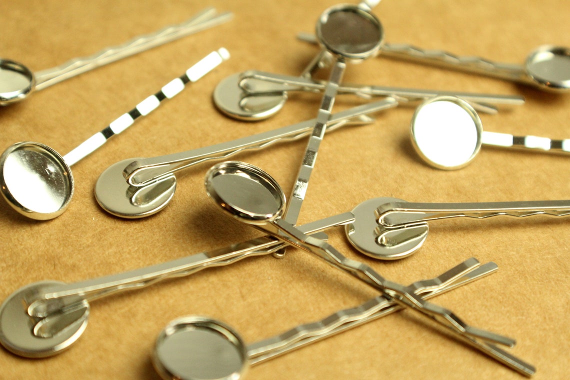 12 pc. Silver Plated Bobby Pins with 12mm Bezel Setting | Etsy