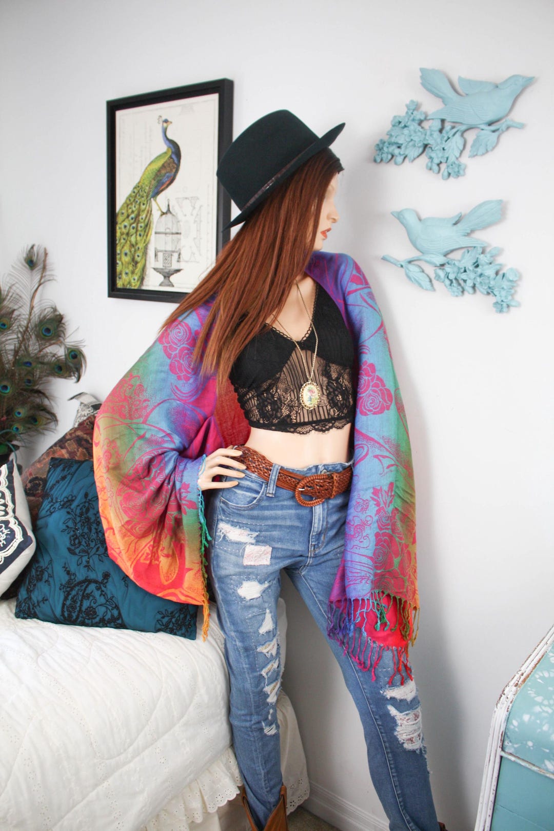 Rainbow Rose Shrug Bohemian Upcycled Kimono Womens Pashmina Bolero ...