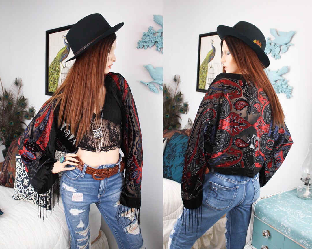 Upcycled PAISLEY VELVET SHRUG Red Purple Bohemian Kimono Festival ...