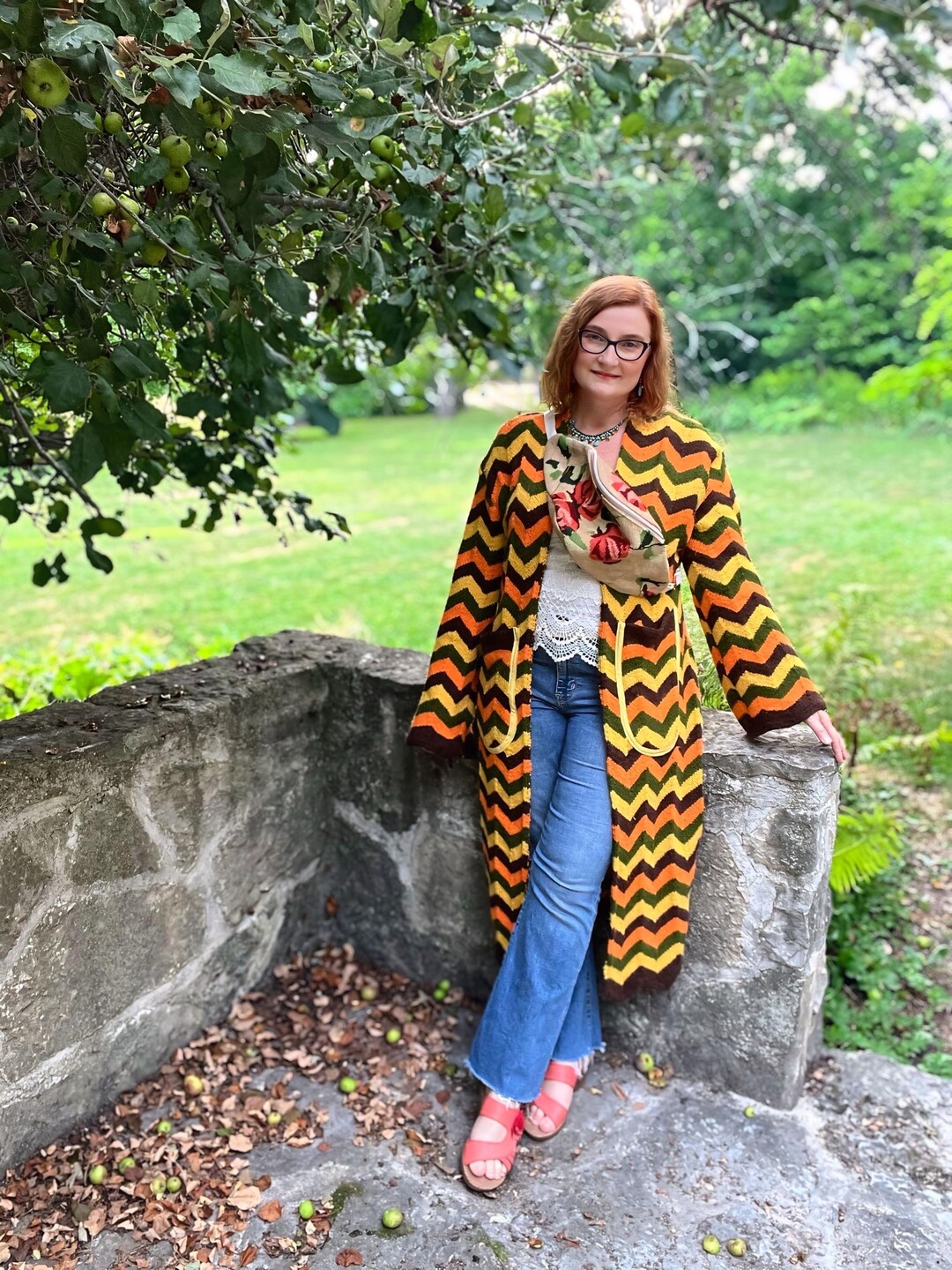 CROCHET CARDIGAN Upcycled Afghan: Retro 70s Bohemian Chevron Sweater ...
