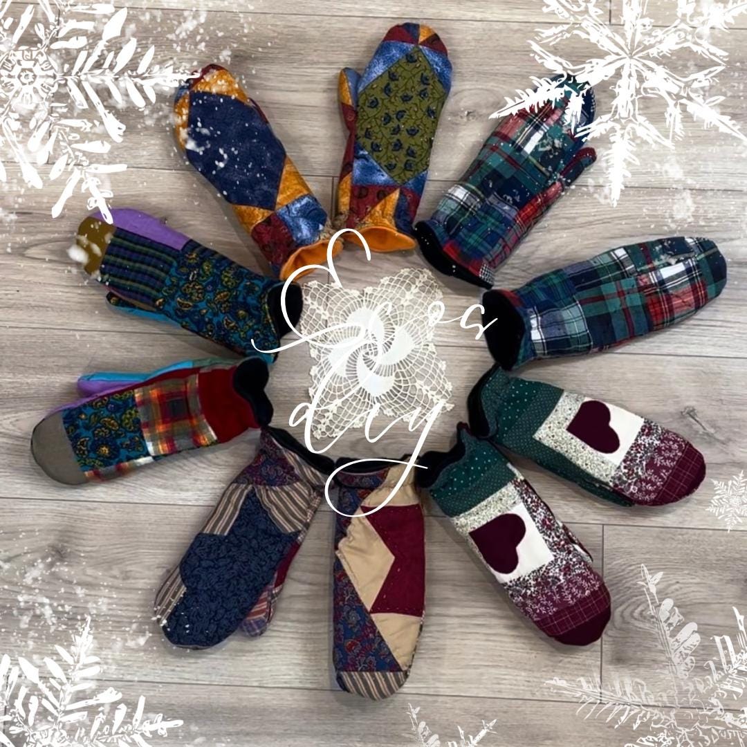 Upcycled QUILTED Patchwork MITTENS Warm Fleece Winter Mittens Christmas ...