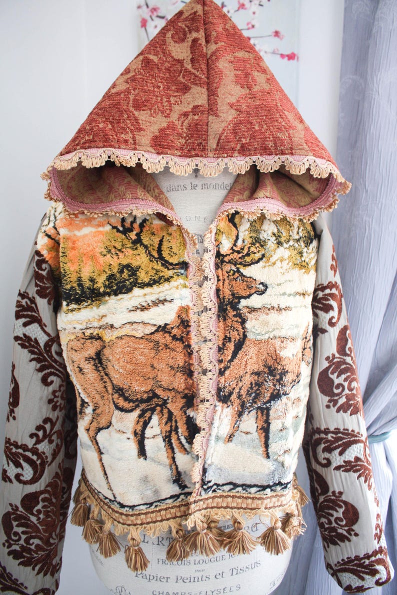 Vintage Reindeer Hooded Tapestry Bomber Jacket - Upcycled Antique ...