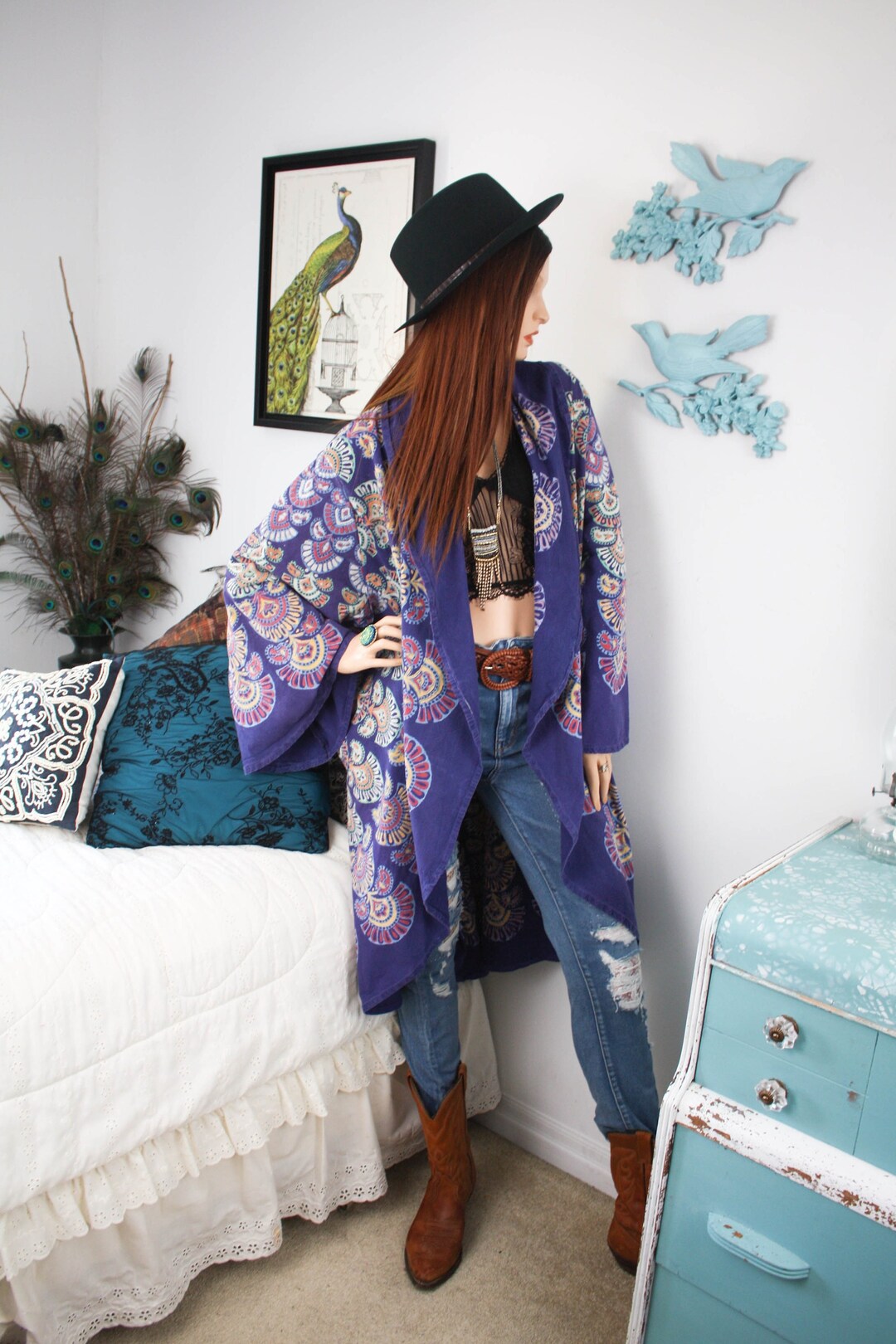 Teal Bohemian Kimono Robe With Paisley Ethnic Design in X-large Size - Etsy