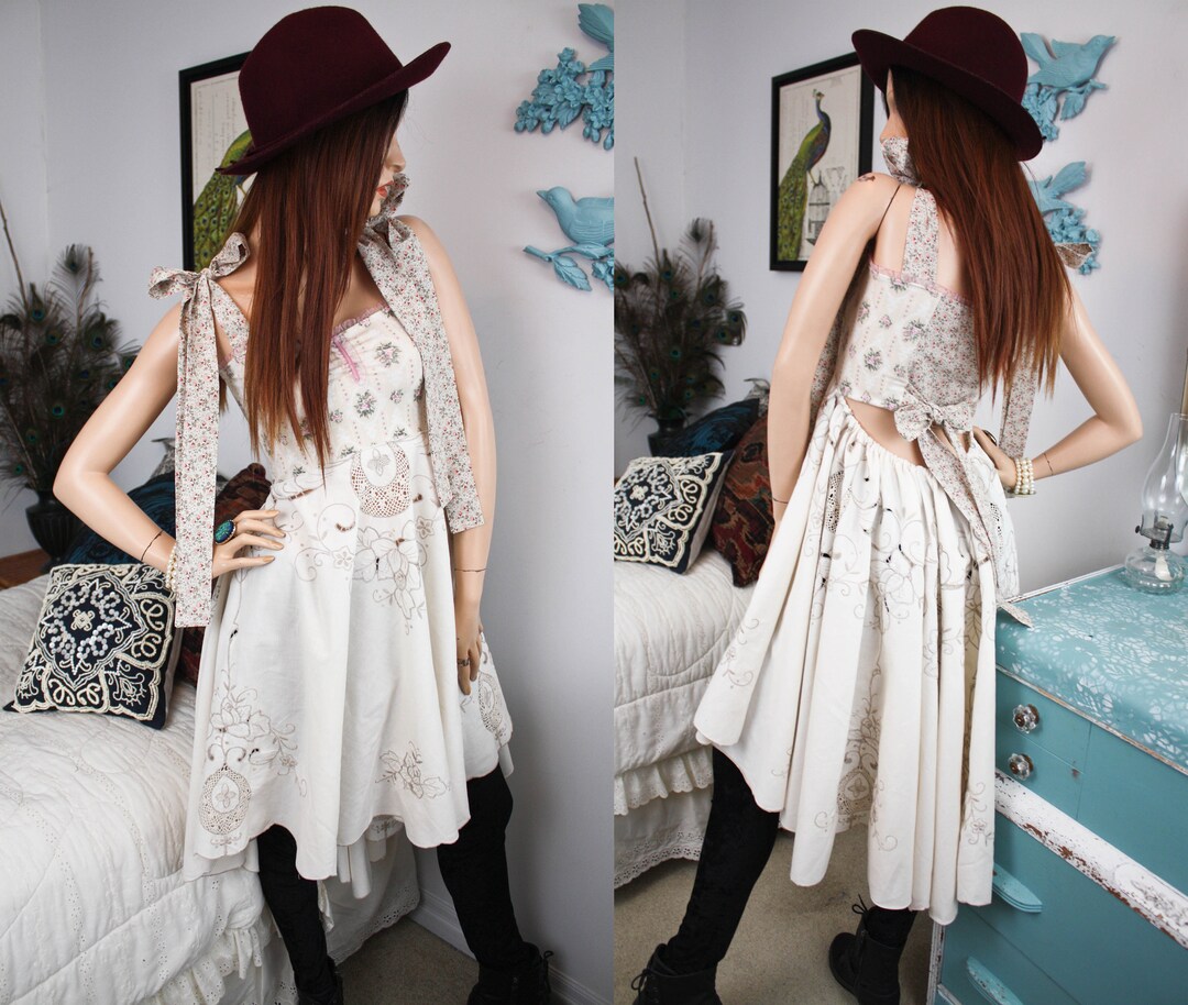 BOHEMIAN Upcycled Tablecloth DRESS Asymmetrical Floral Lace A Line ...