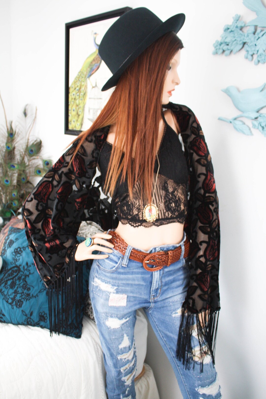 Upcycled FLORAL VELVET SHRUG Red Tulip Bohemian Kimono Festival ...
