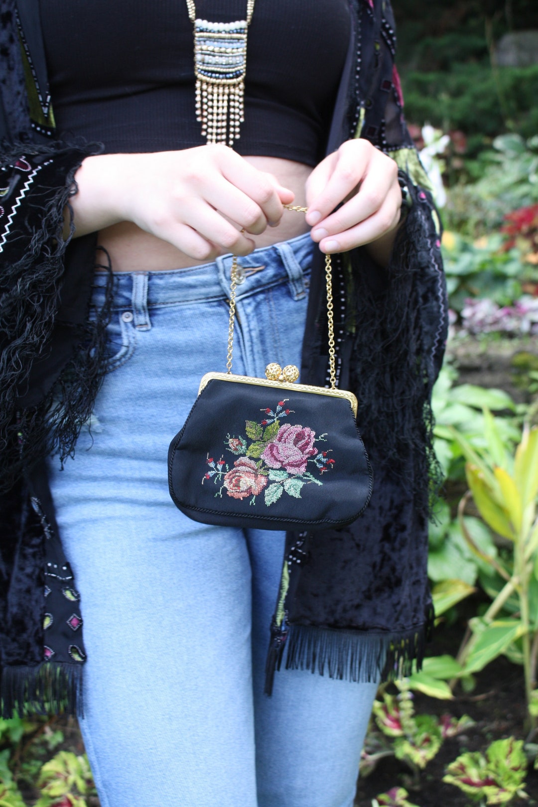 SMALL PURSE, Vintage Gothic Floral Tapestry Handbag With Chain Strap ...
