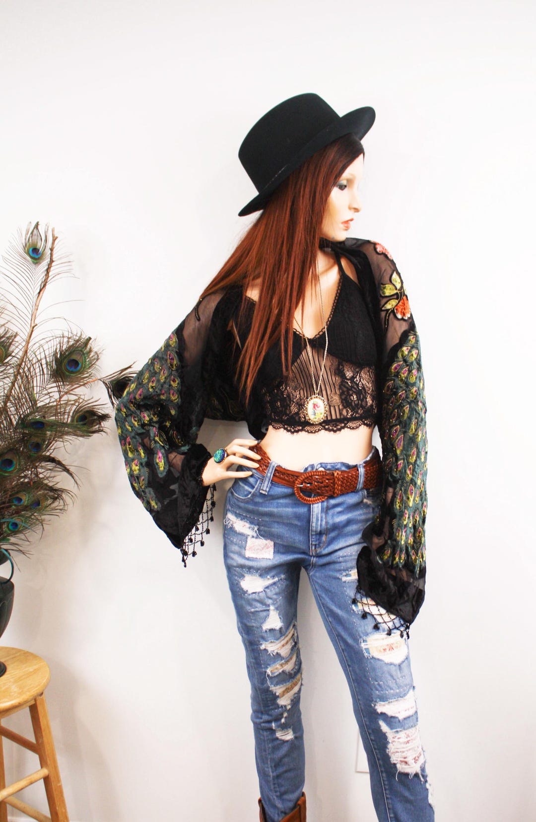 Bohemian Beaded Peacock Velvet Shrug: Upcycled Festival Kimono for ...