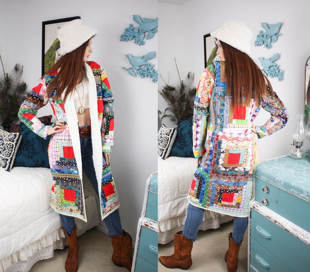 Antique QUILTED JACKET Log Cabin Quilt Coat Upcycled Patchwork Quilted ...