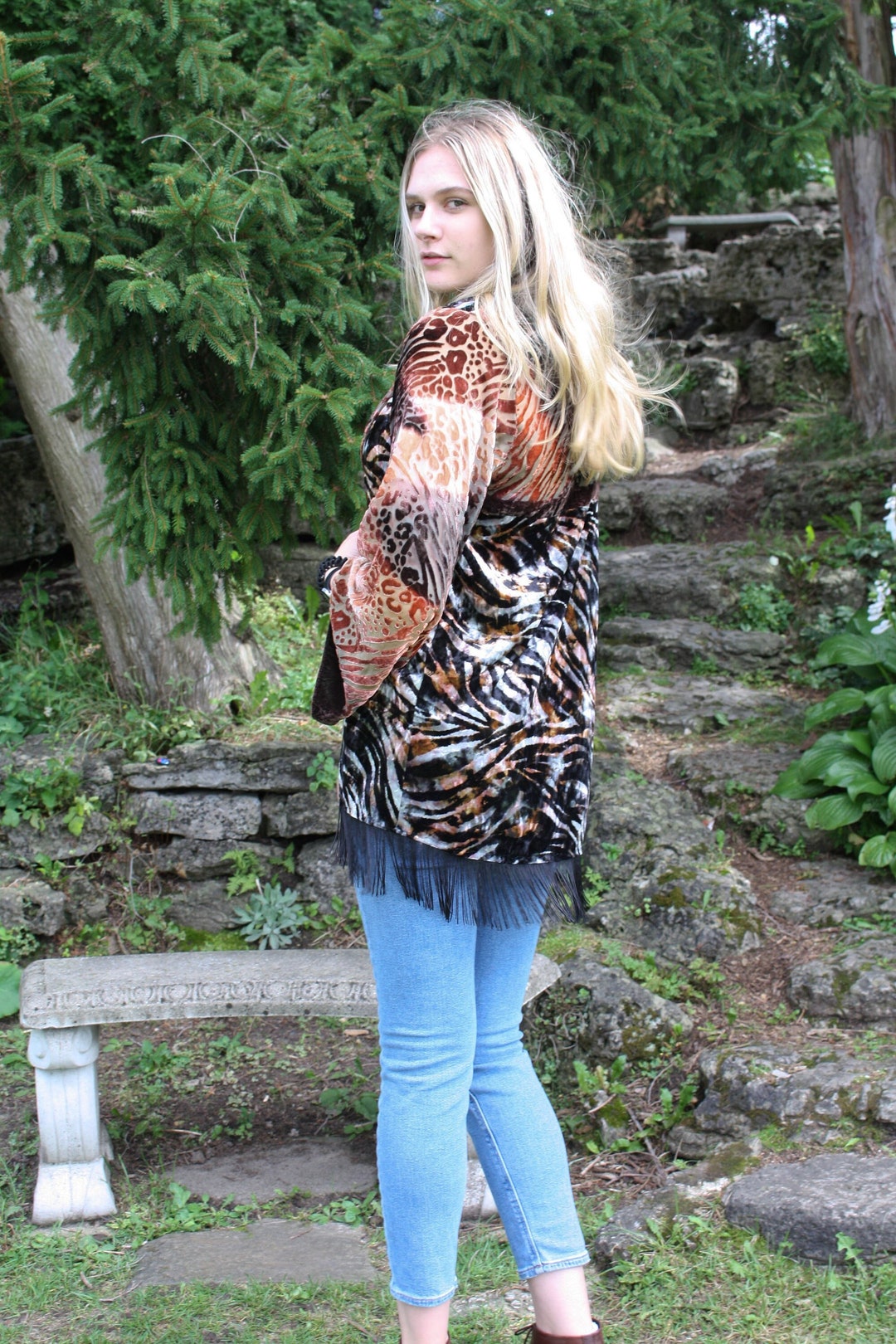 VELVET LEOPARD JACKET Upcycled Zebra Animal Print Kimono Rocker Grunge ...